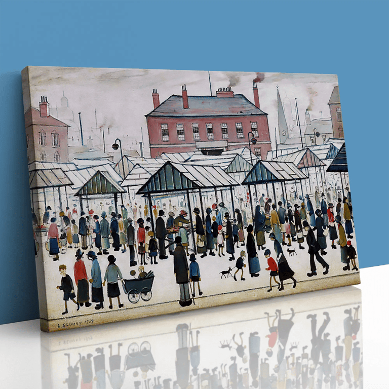 LS Lowry Market Scene Northern Town – Red Bus Prints